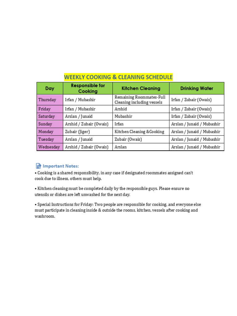 Weekly - Cooking Schedule | PDF