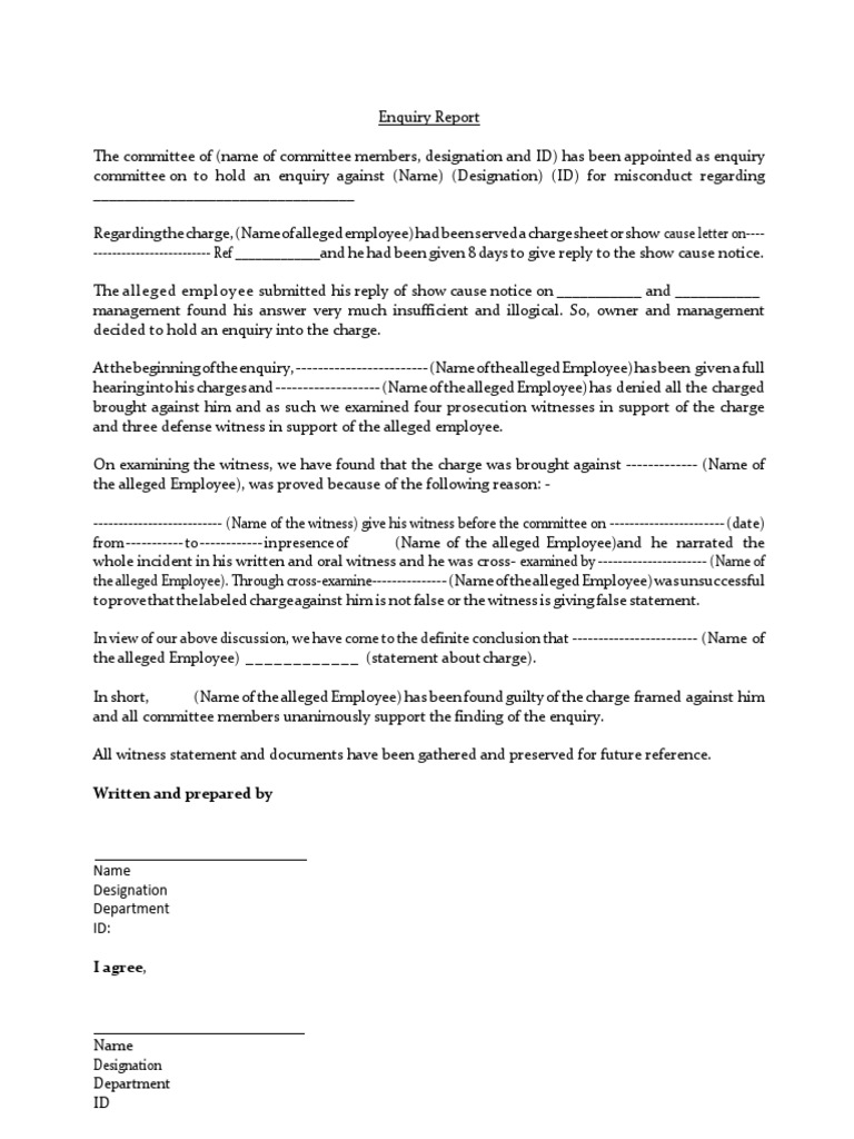 Enquiry Report on Employee Misconduct | PDF