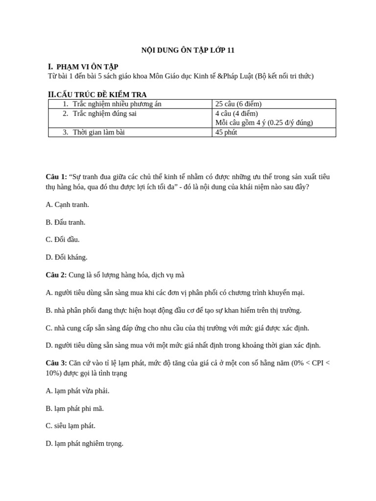 NỘI DUNG ÔN TẬP LỚP 11 GK1 | PDF