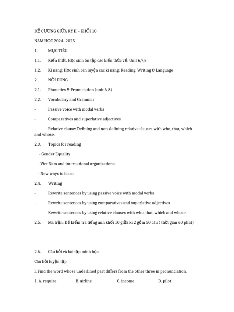 De Cuong Tap Giua HK2 Anh 10 Global 24 25 New | PDF | Woman | Gender Inequality