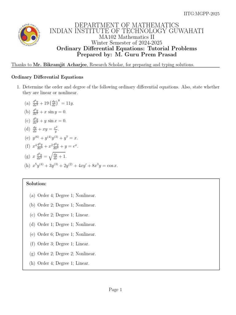 MA102 2025 ODE Tutorials Solns | PDF | Nonlinear System | Ordinary Differential Equation