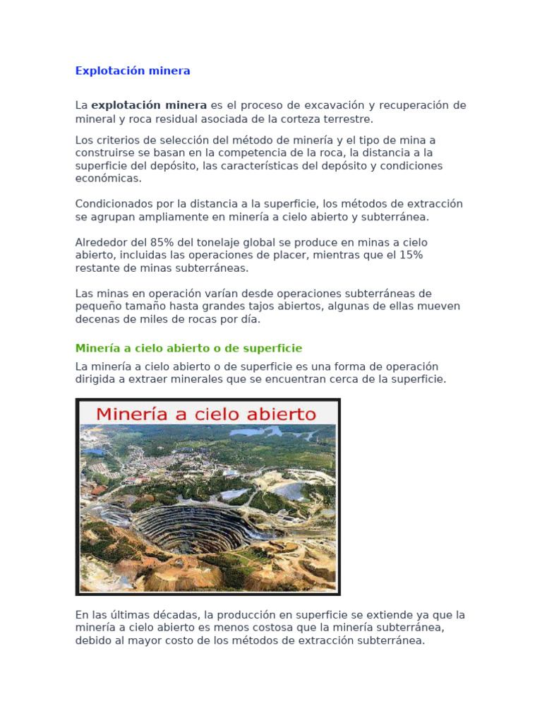 Métodos de Explotación Minera: Cielo Abierto y Subterránea | PDF