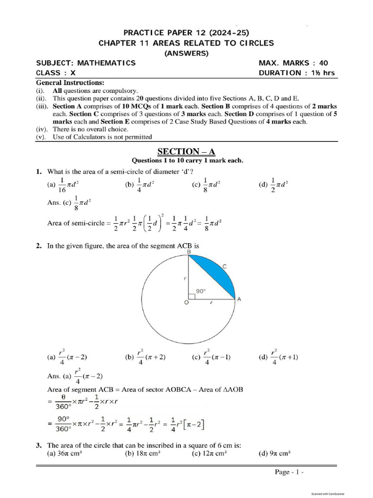 Maths Class X Chapter 11 Areas Related To Circles Practice Paper 12 2024 Answers | PDF