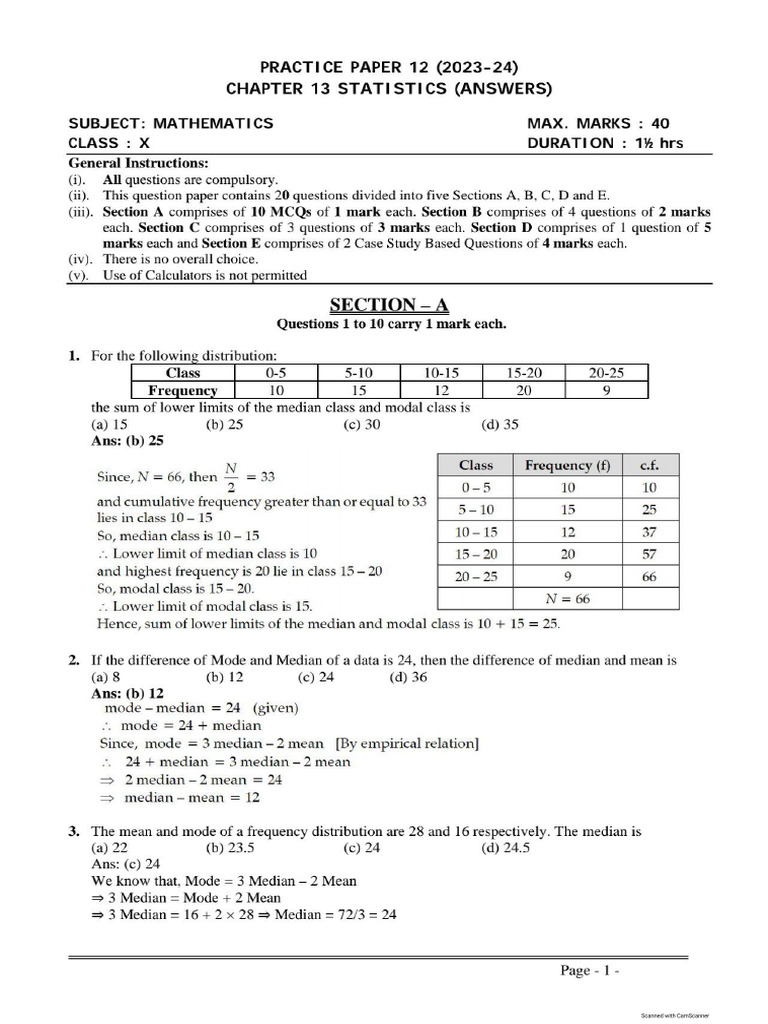 Maths Class X Chapter 13 Statistics Practice Paper 12 Answers | PDF