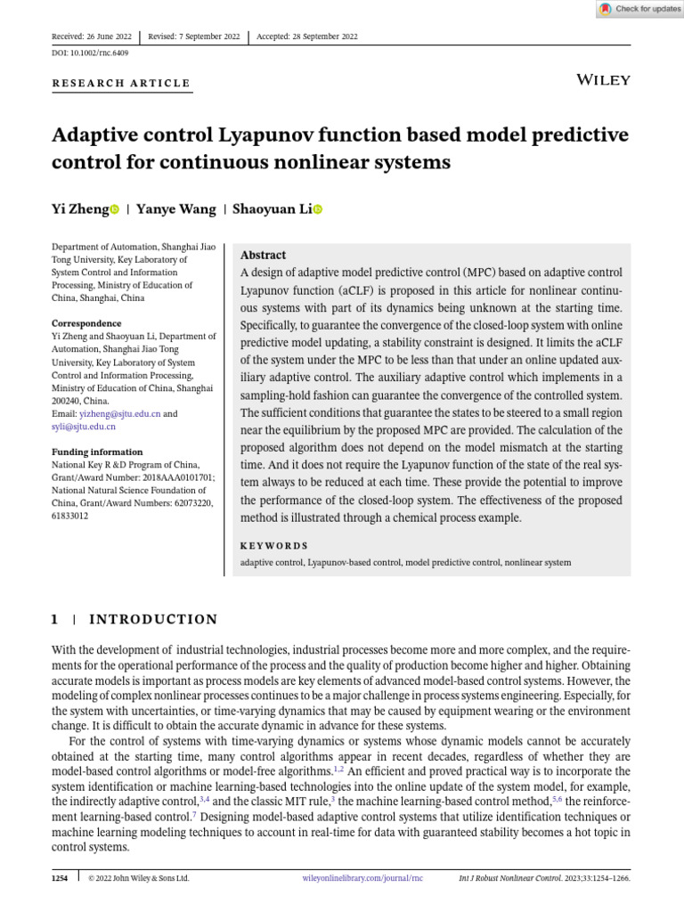 Adaptive Control Lyapunov Function Based Model Predictive Control For Continuous Nonlinear ...