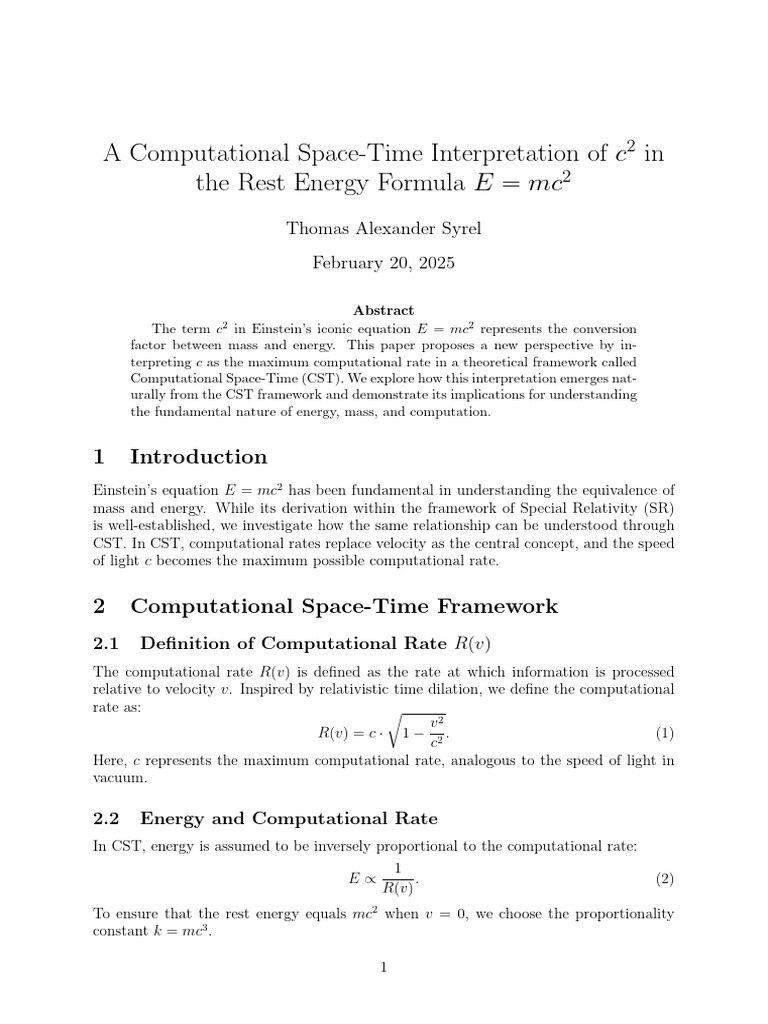 A Computational Space-Time Interpretation of c2 in | PDF | Special Relativity | Spacetime