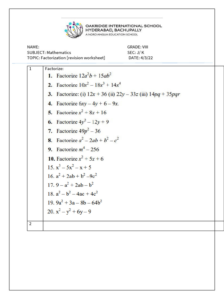 Factorization Revision Worksheet VIII | PDF