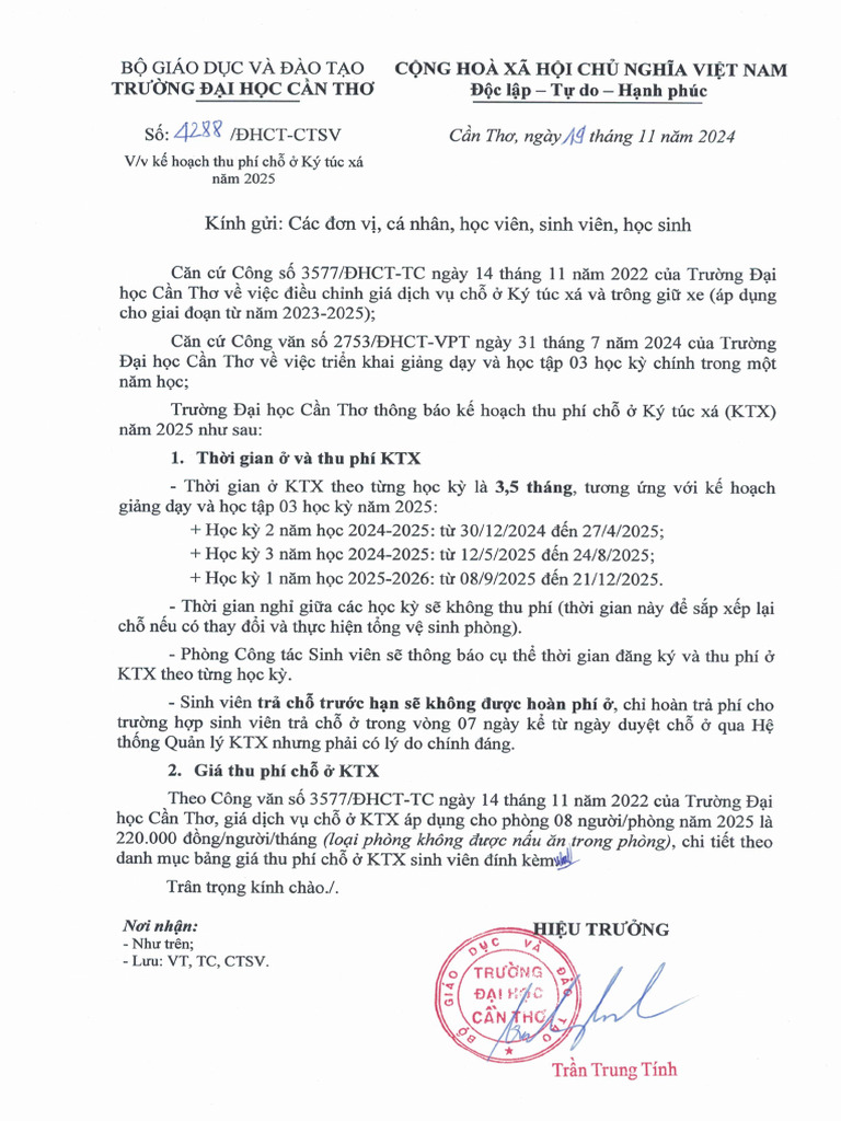 DHCT Thongbao Thuphi KTX 2025 19112025 | PDF