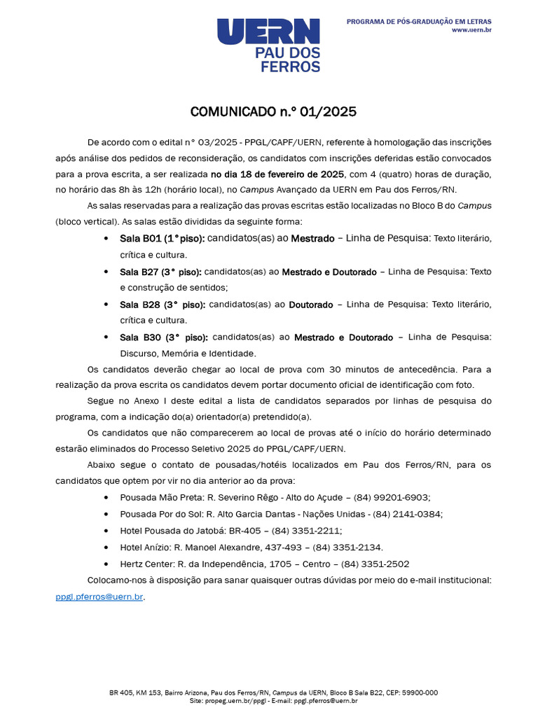Comunicado_01-2025_-_Orientaes_Prova_Escrita_-_Seleo_2025 (1) | PDF | Mestrado | Estágios ...