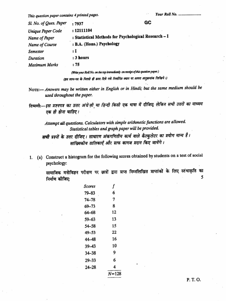 B.A. (Hons.) I Psychology Statistical Methods For Psychological ...