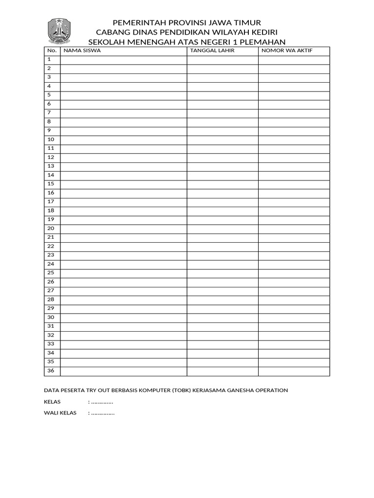 blanko isian PESERTA TOBK GO | PDF