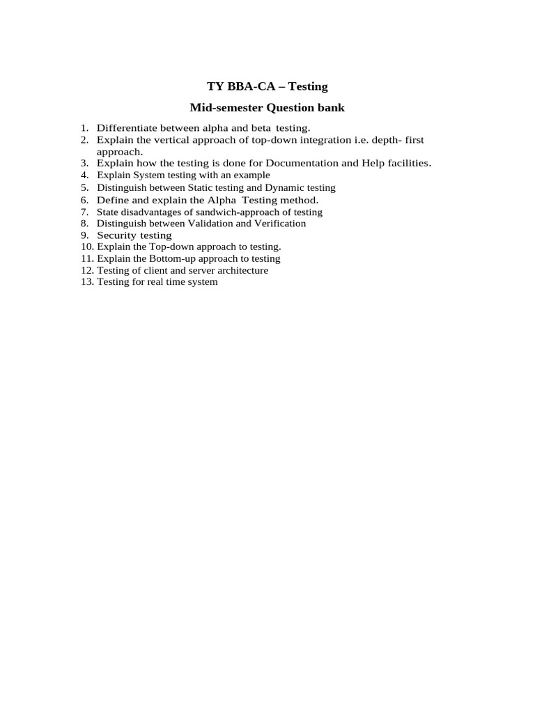 TY BBA-CA – Testing Mid Sem Question Bank | PDF
