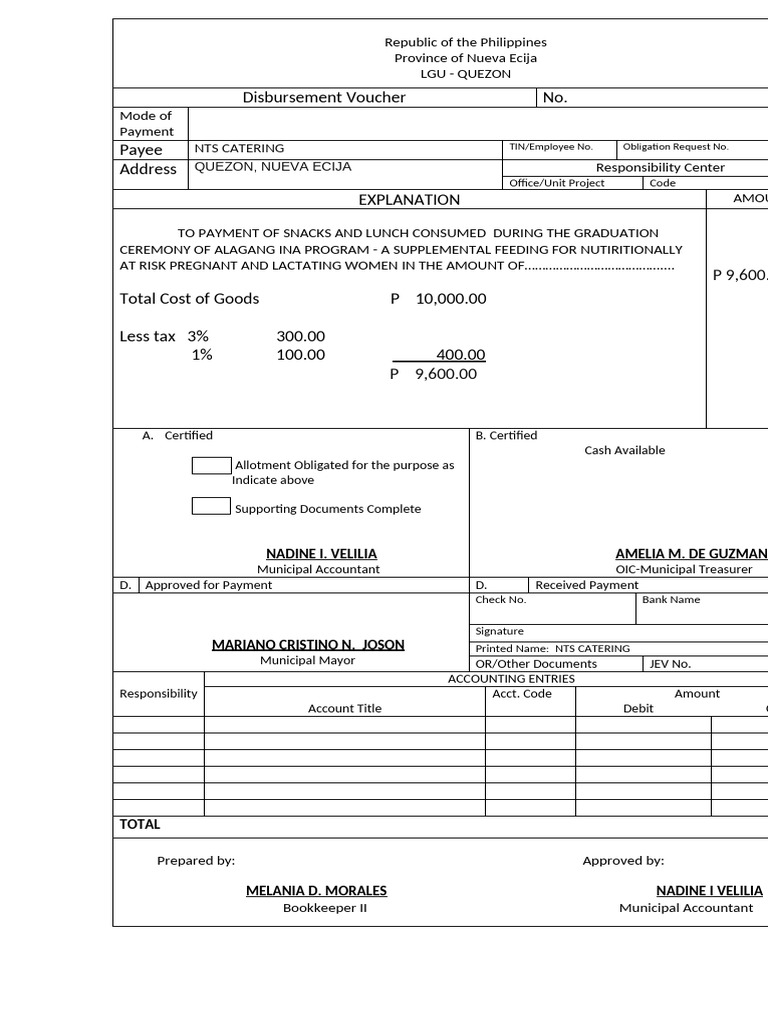 Quezon LGU Disbursement Voucher for Catering | PDF | Payments ...