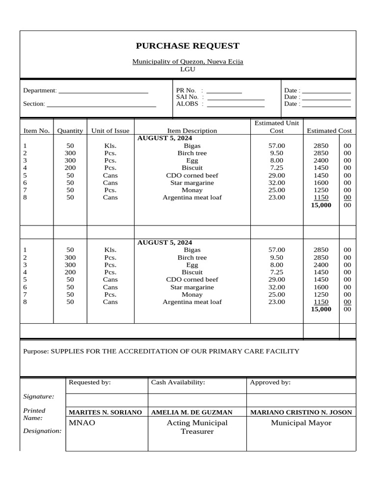 Purchase Request August | PDF