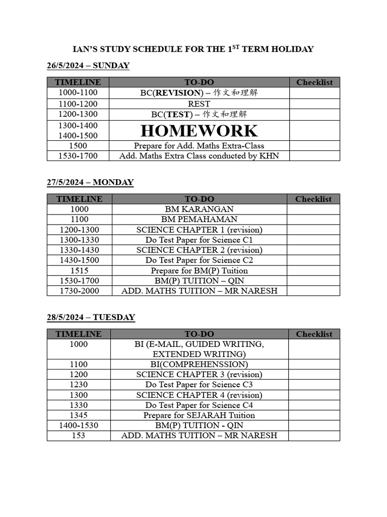 Q1 Holiday Study Schedule | PDF