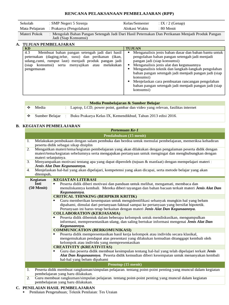 3.2 RPP II Prakarya (Pengolahan) Kelas 9 - www.ilmuguru.org | PDF