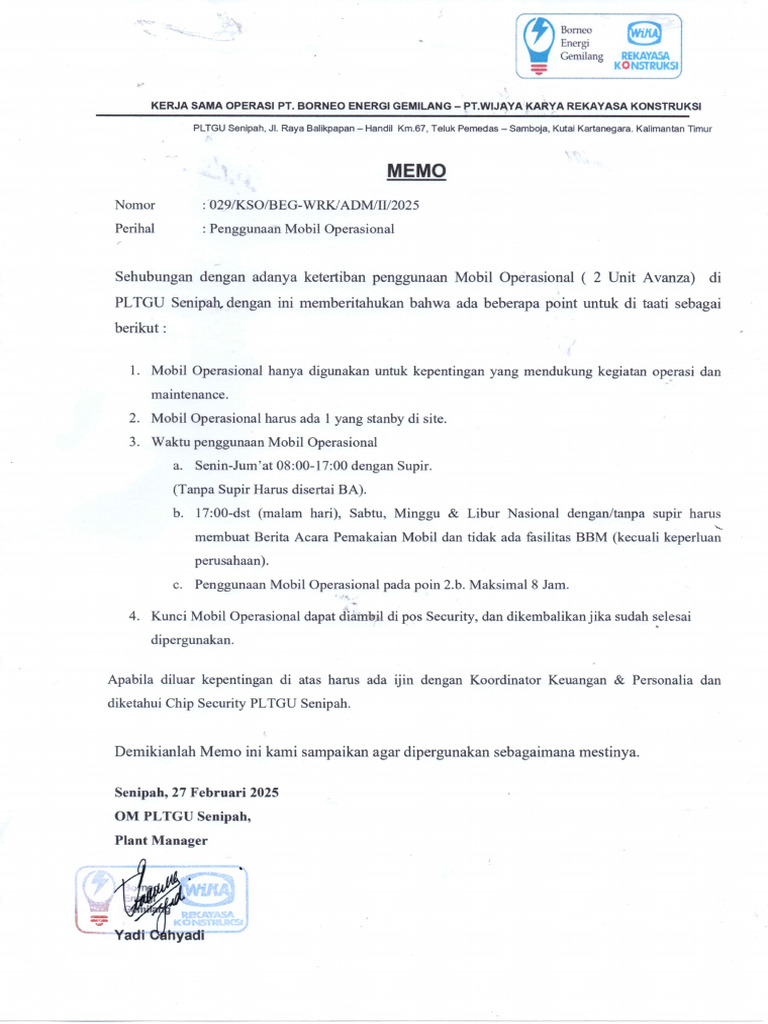 Memo Penggunaan Mobil Operasional | PDF