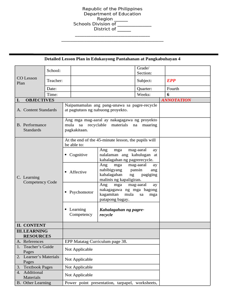 DLP - EPP4 Kahalagahan NG Pagre-Recycle | PDF