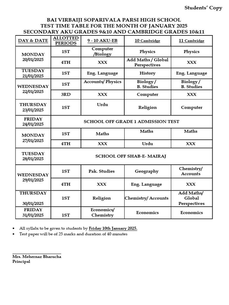 Test Time Table Jan 2025 - Students | PDF | Educational Stages