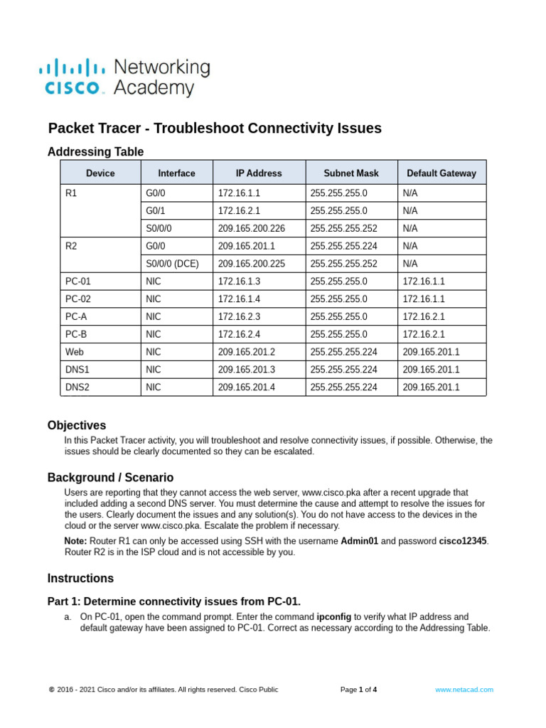 17.7.6 Packet Tracer Troubleshoot Connectivity Issues | PDF | Ip Address | Gateway ...