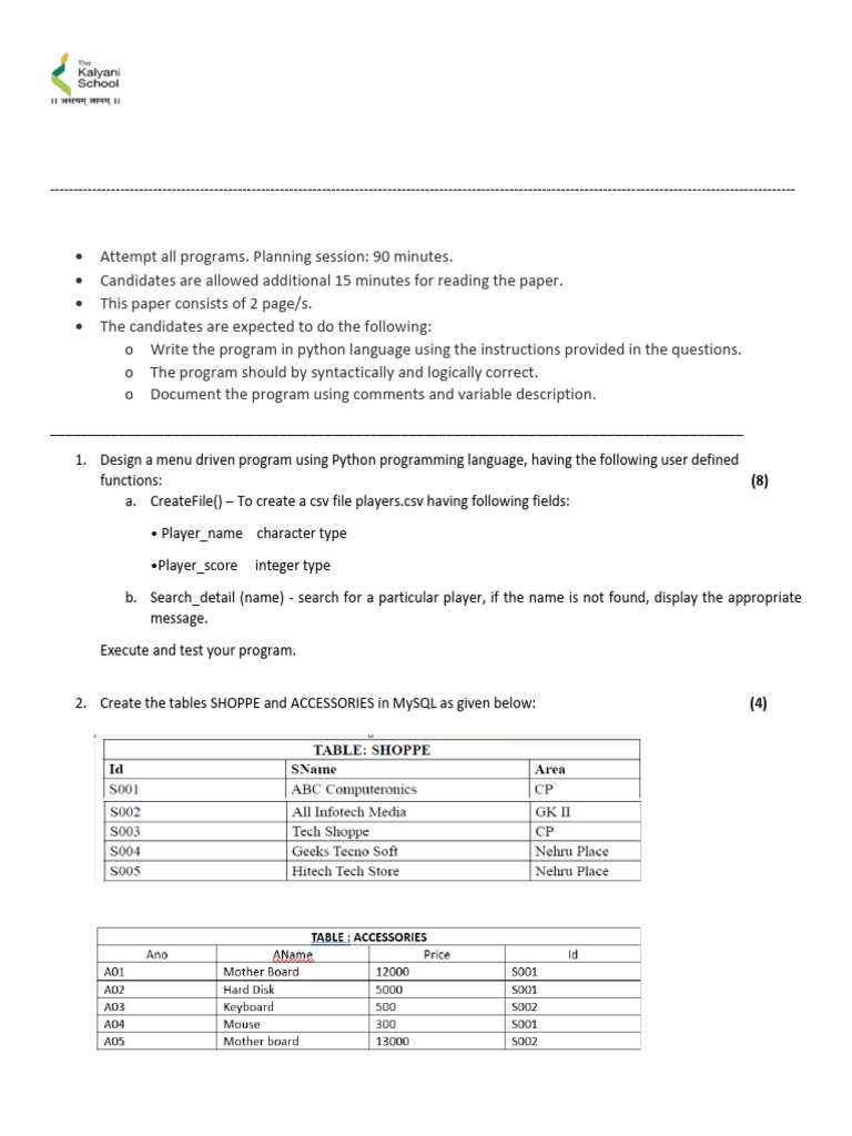 Grade 12 Practical Exam Paper - SET B - Final | PDF