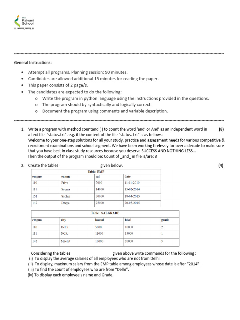Grade 12 Practical Exam Paper - SET E - Final | PDF