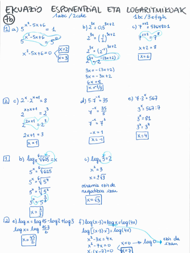 Ecuaciones exponencial y logarítmicas resueltas | PDF