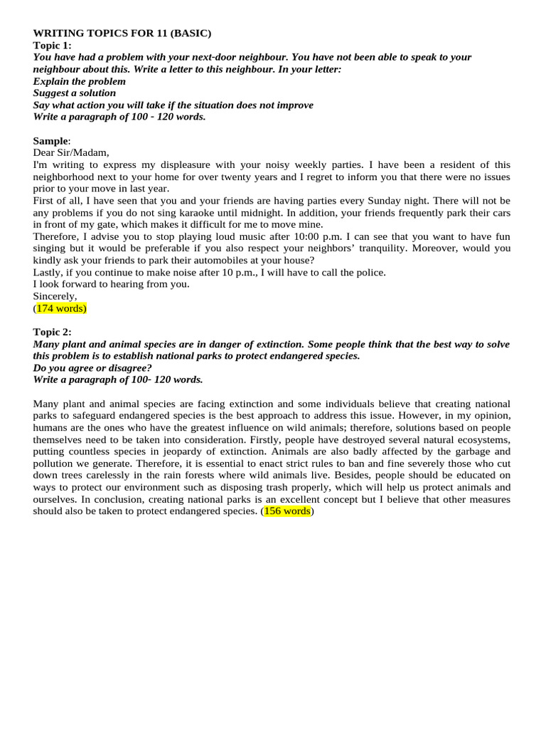 WRITING TOPICS FOR 11 - thi giua ky | PDF | Natural Environment