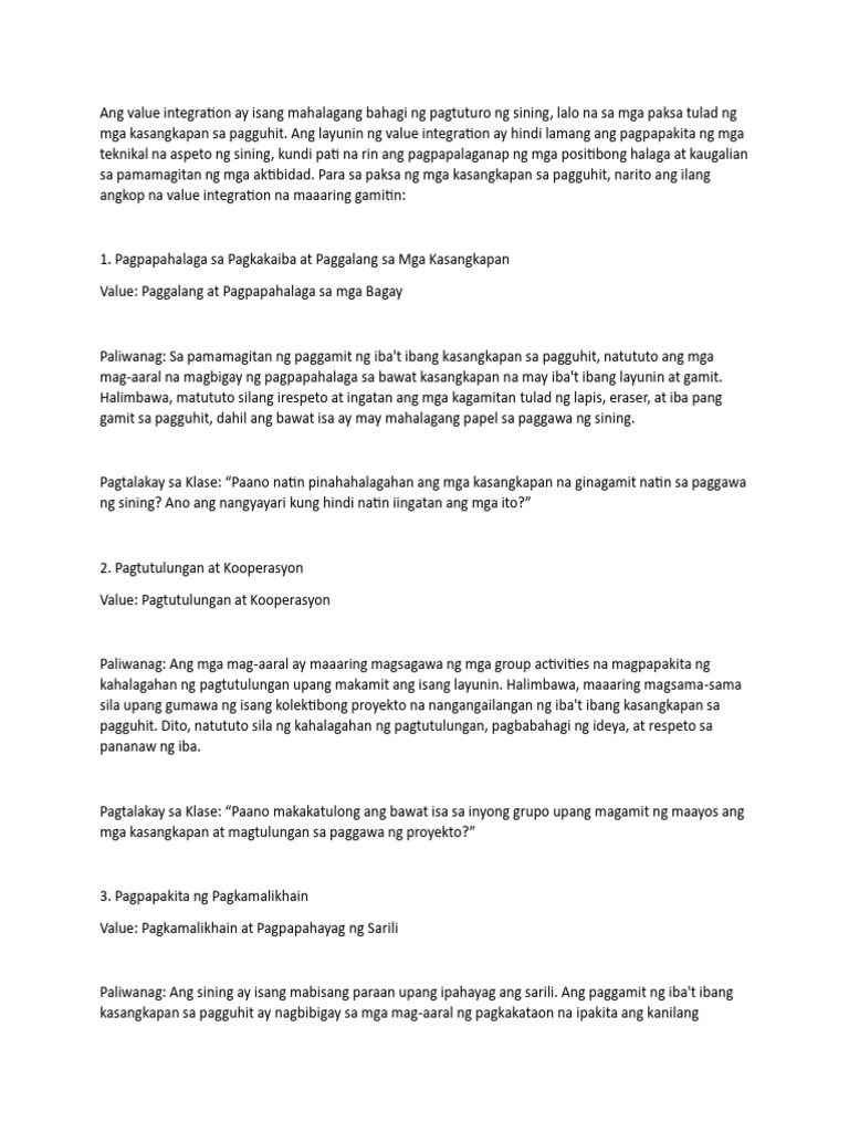 Ang Value Integration Ay Isang Mahalagang Bahagi NG Pagtuturo NG Sining ...