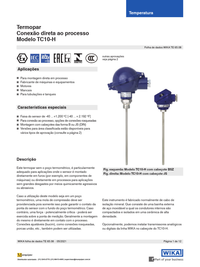 Catálogo WIKA - TE6508 - Termopar Conexão Direta Ao Processo TC10-H | PDF | Termopar ...