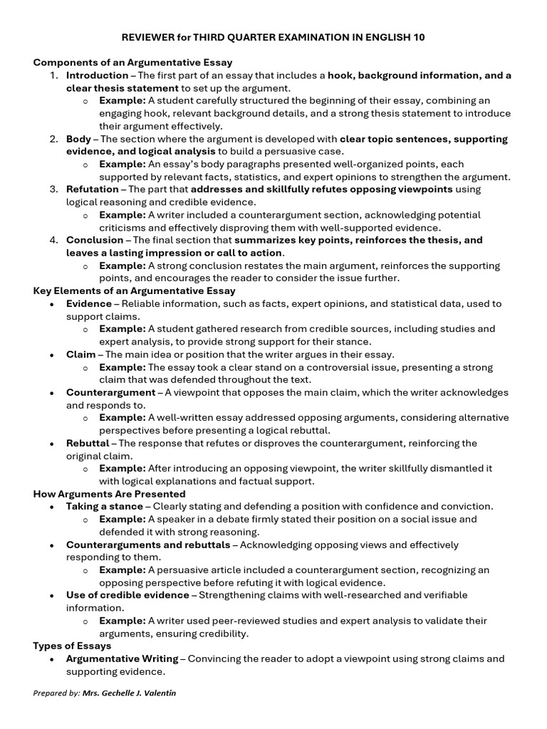 Grade 10 Reviewer in English | PDF | Essays | Argument