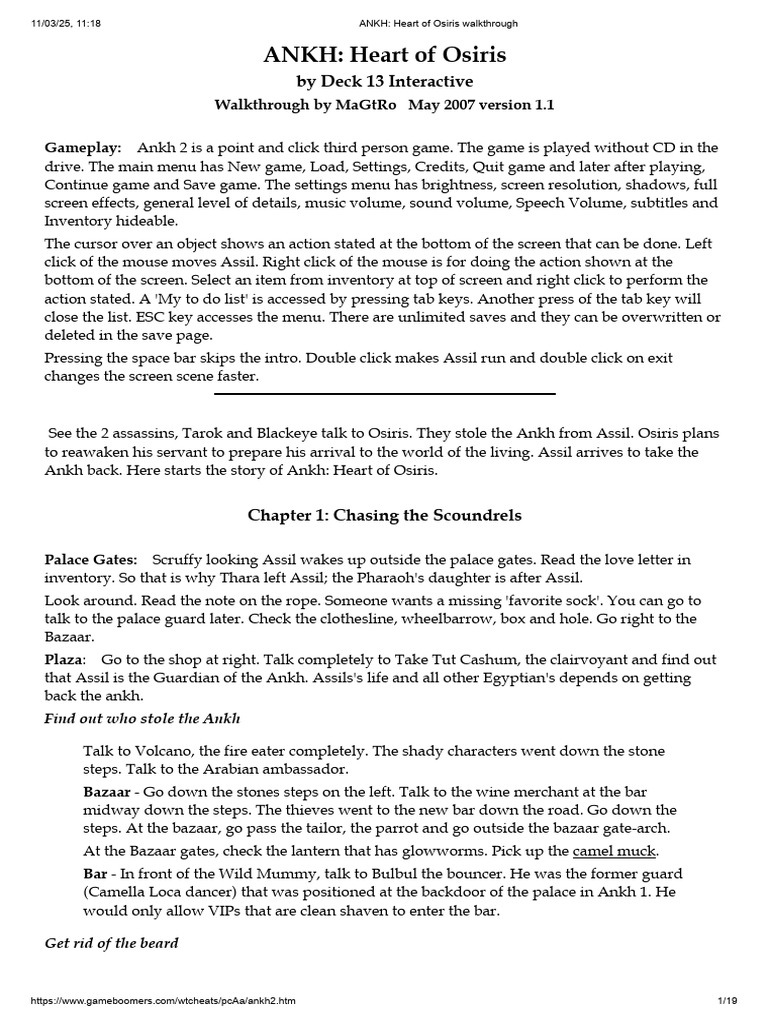 ANKH - Heart of Osiris Walkthrough | PDF