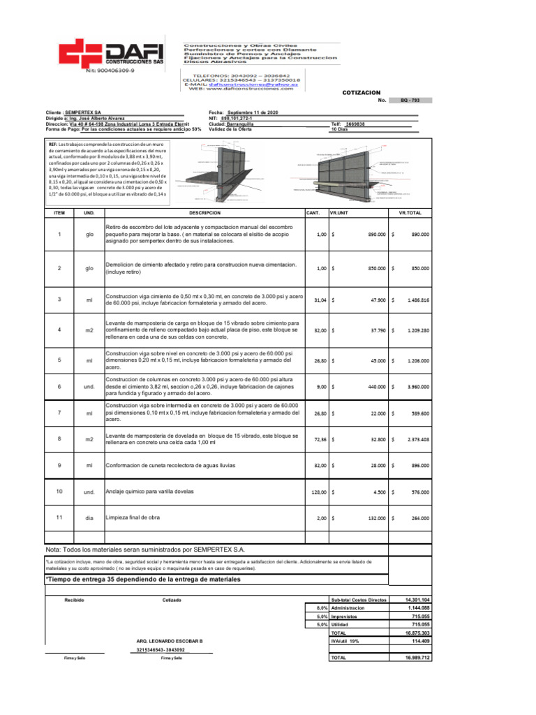 Cotizacion Construccion Muro Cerramiento y Bodega Sempertex 1 | PDF | Sector secundario de la ...