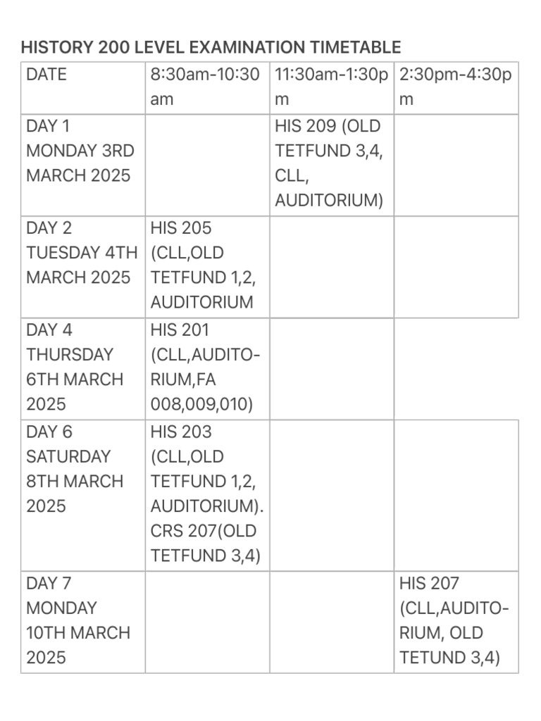 History 200 Level Examination Timetable-1 | PDF