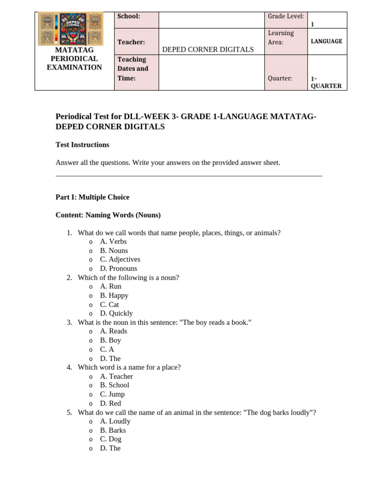 Grade 1 Language Periodical Test | PDF | Noun | Word