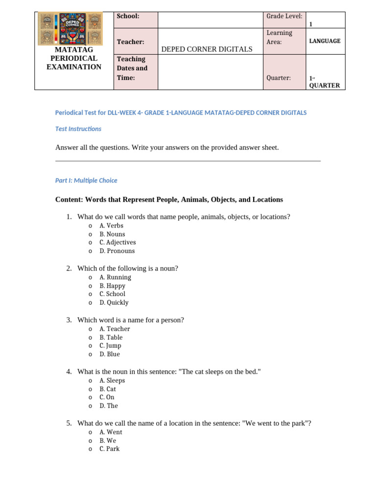 PT-WEEK 5-LANGUAGE -DEPED CORNER DIGITALS | PDF | Noun | Word