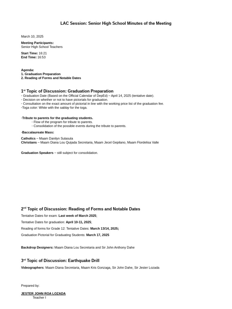 LAC Session Grade 12 For Graduation | PDF