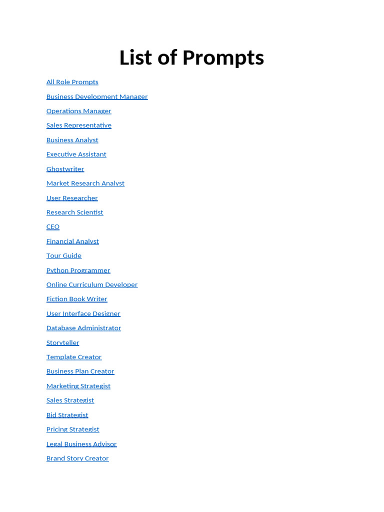 Comprehensive Role Prompts List | PDF | Marketing | Marketing Strategy