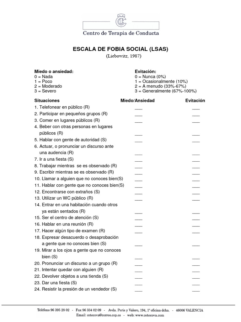ESCALA DE FOBIA SOCIAL - LSAS - Liebowitz | PDF | Desorden de ansiedad ...