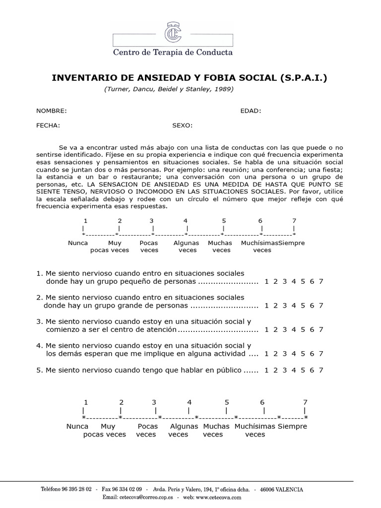 Inventario de Ansiedad Social (S.P.A.I.) | PDF | Ansiedad | Desorden de ...
