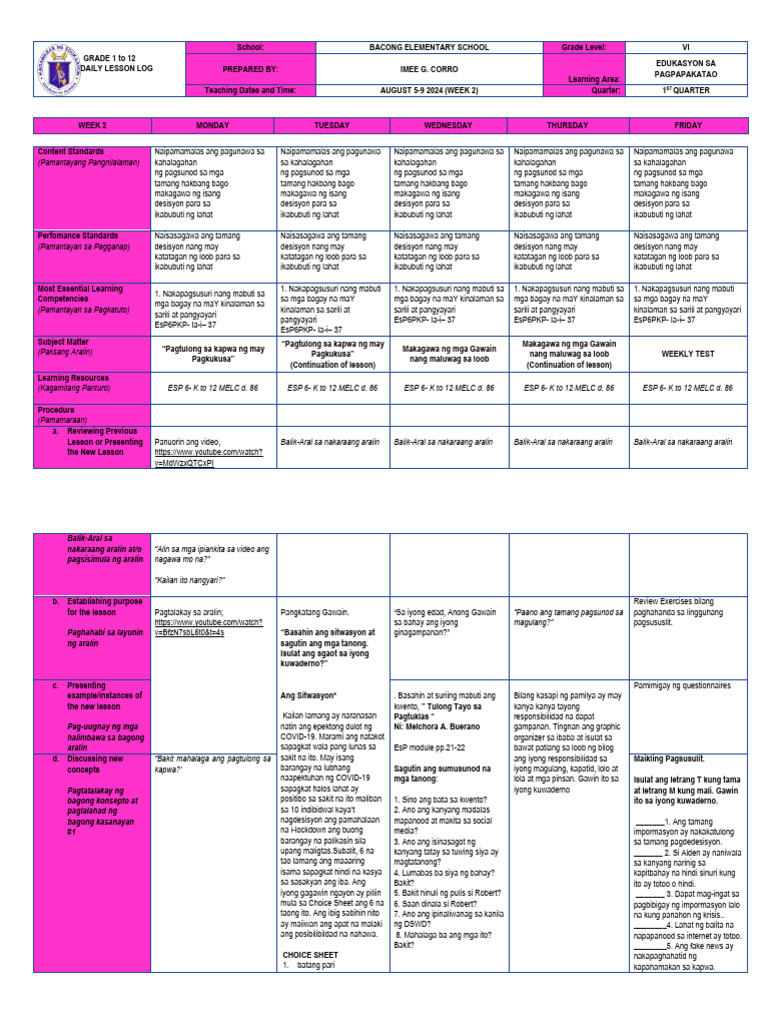 DLL - Esp6 Week 2 - Q1 | PDF