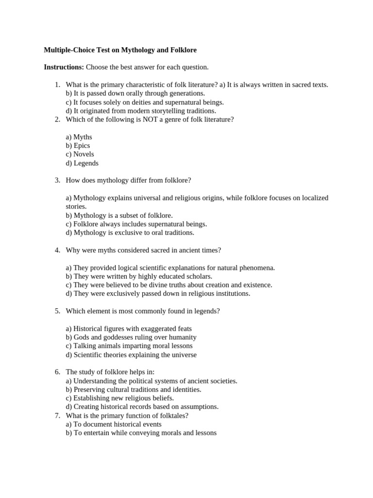 Mythology and Folklore Quiz | PDF | Folklore | Legends