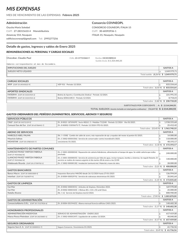 COVNEOPL - Expensas Cierre Ene 25 - VTO FEBRERO 2025 | PDF | Industrias de servicio | Sector privado