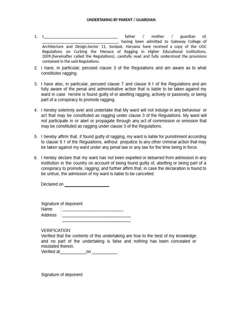 Parents Undertaking Form | PDF
