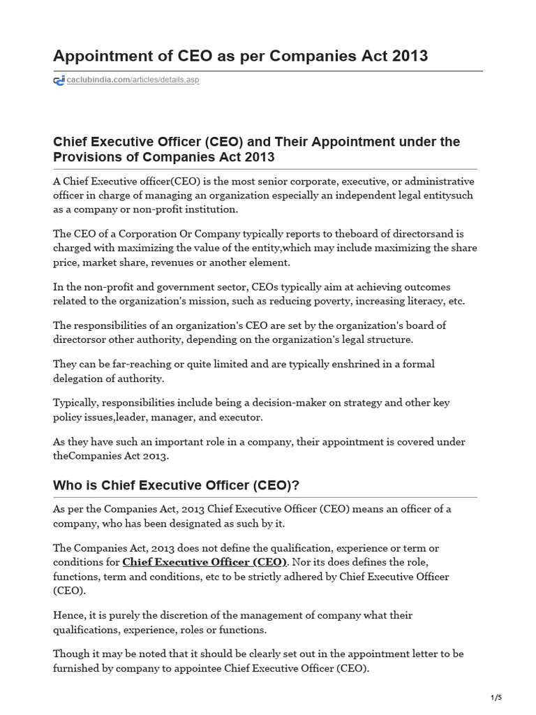 CEO Appointment Under Companies Act 2013 | PDF | Chief Executive ...