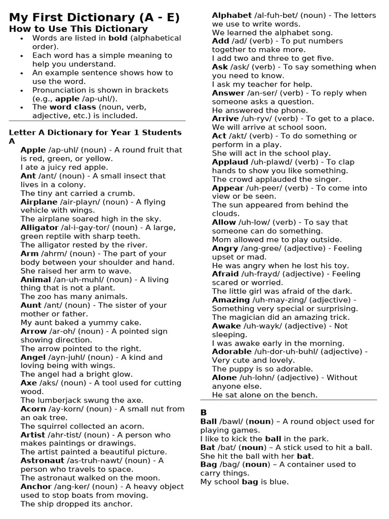 My First Dictionary: A to E for Kids | PDF | Verb | Noun