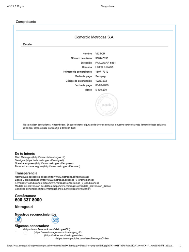 Comprobante metrogas | PDF