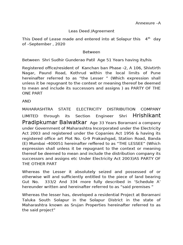 Annexure A Leas Deed Agreement | PDF | Lease | Common Law