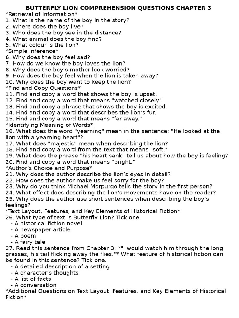 Butterfly Lion Comprehension Questions Chapter 3 and 4 | PDF ...