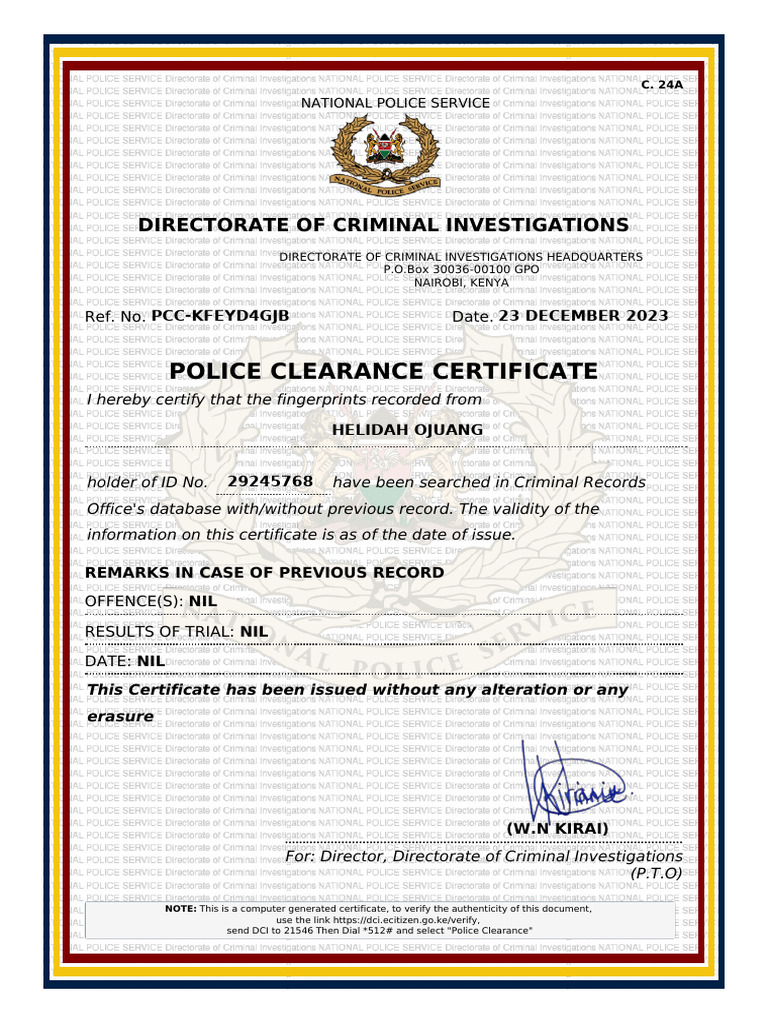 Police Clearance Certificate WK | PDF